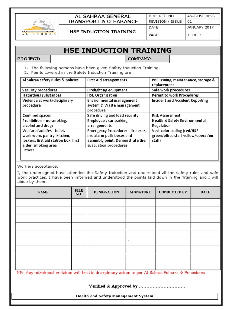 02 AS-F-HSE 002B - HSE InductionTraining. | PDF | Occupational Safety ...