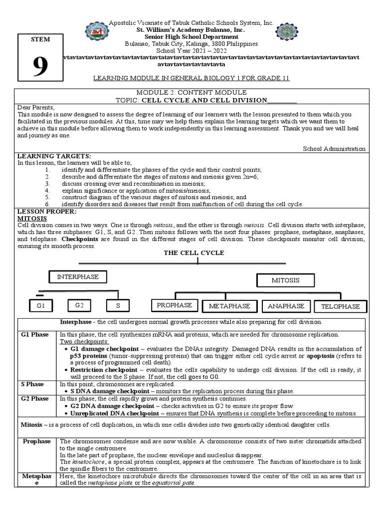Module 2. Content Module Topic: Cell Cycle and Cell Division | PDF ...