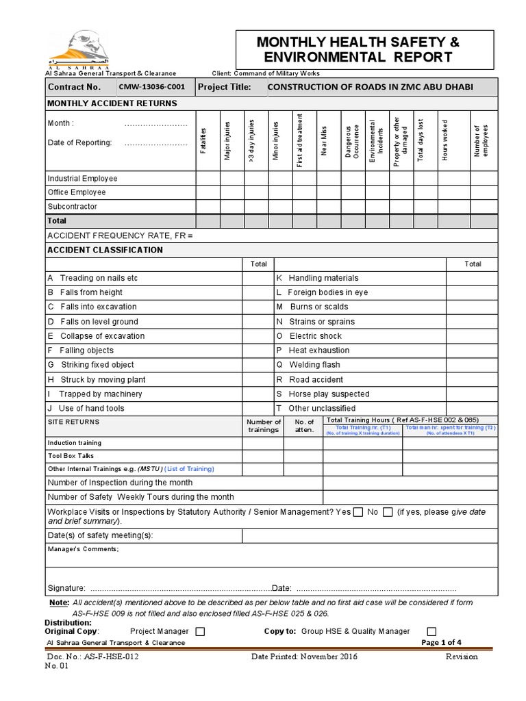 12 as-F-HSE 012 - Monthly HSE Report | Download Free PDF | Occupational Safety And Health | Safety