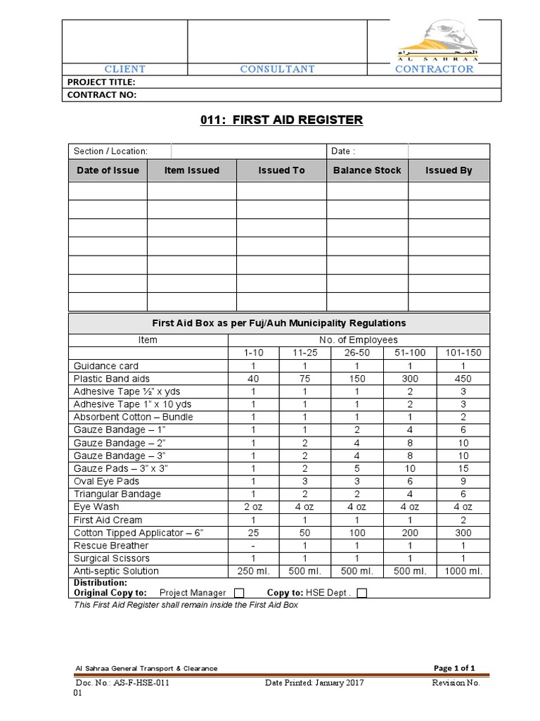 11 as-F-HSE 011 - First Aid Register | PDF | First Aid