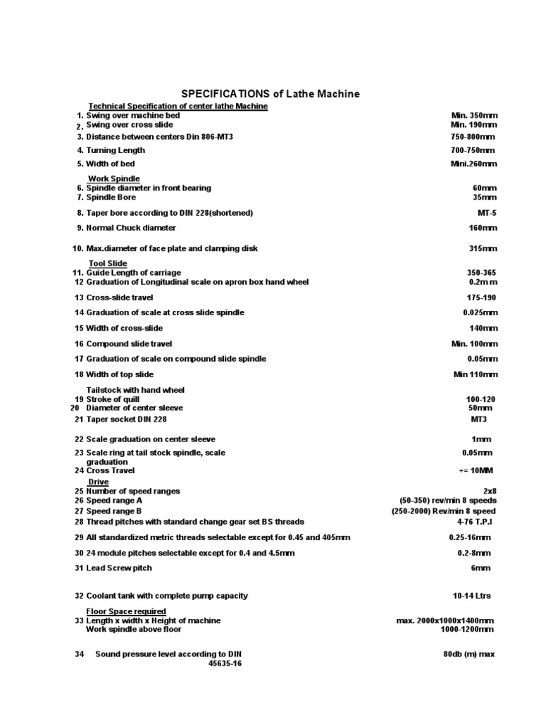 Lathe Machine Technical Specifications | PDF | Machining | Equipment