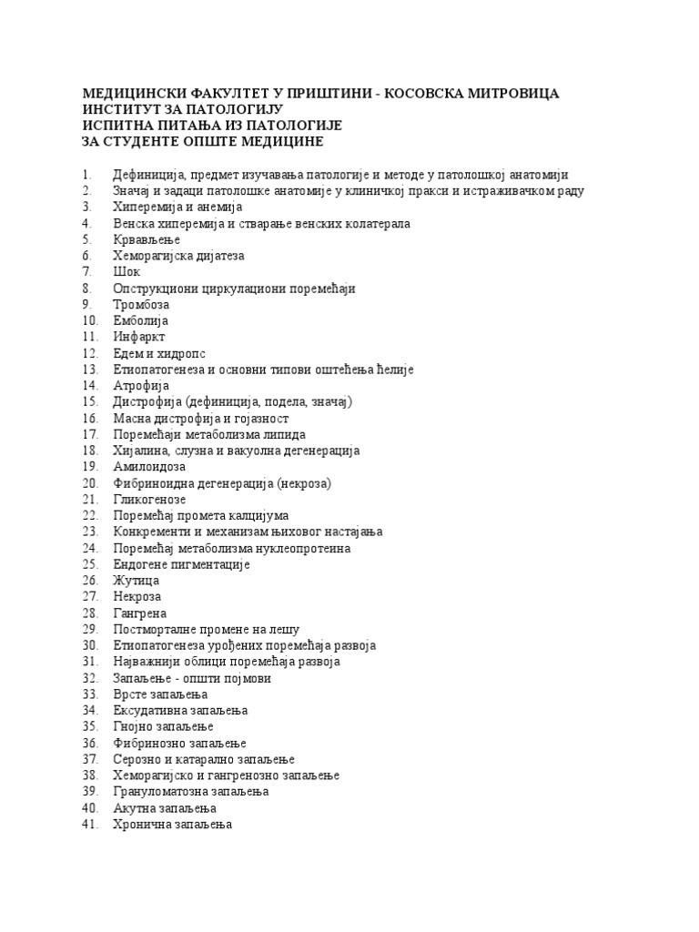 OPSTA MEDICINA Ispitna Pitanja Iz Opste Patologije | PDF