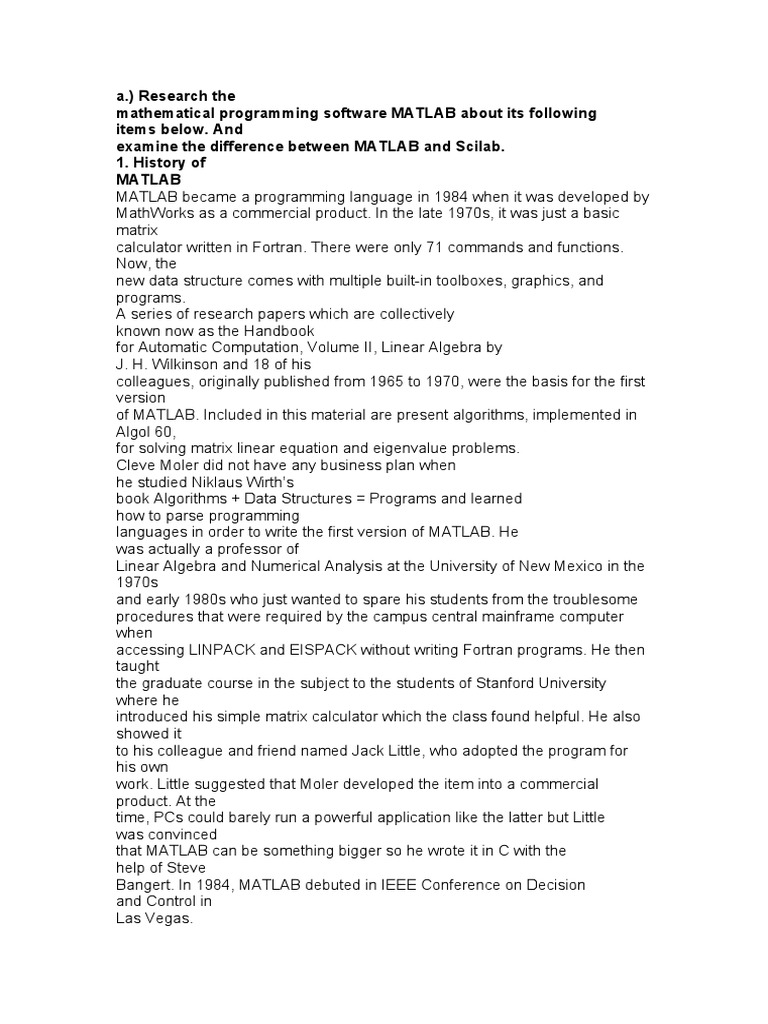 A.) Research The Mathematical Programming Software MATLAB About Its Following Items Below. and ...