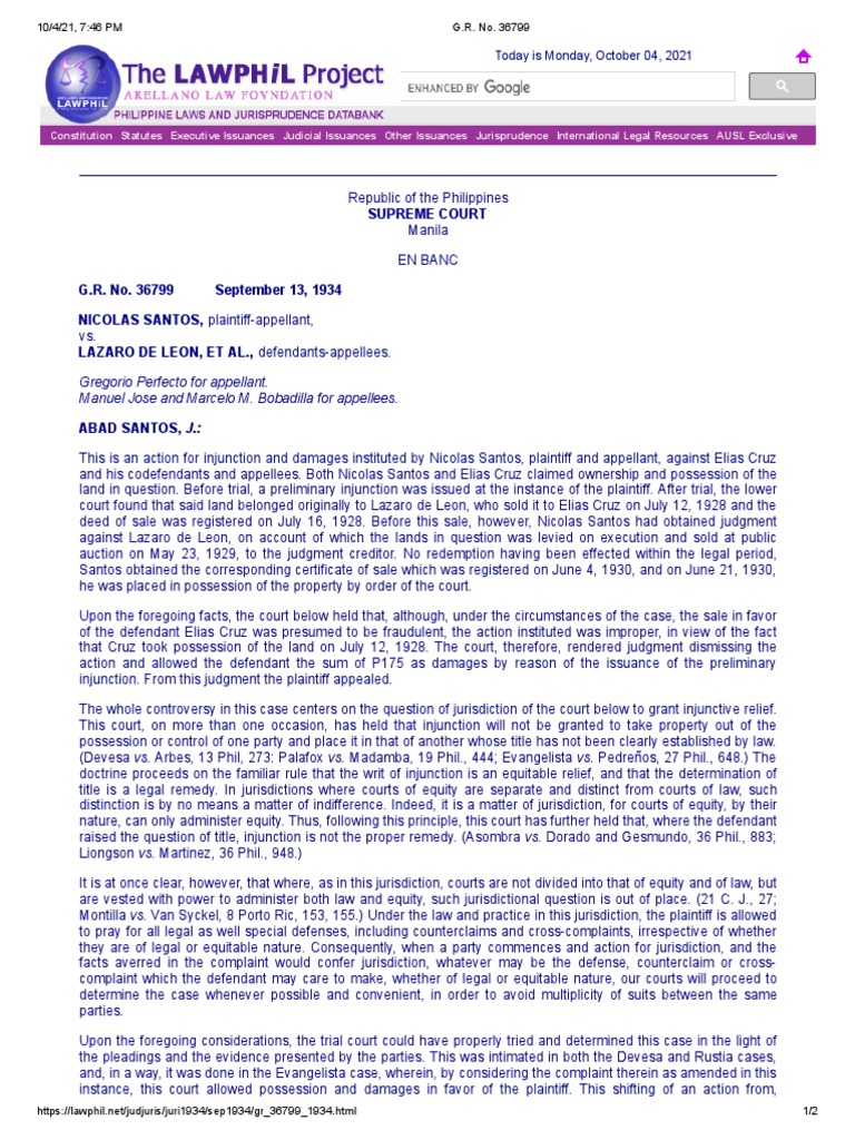 G.R. No. 36799 | PDF | Equity (Law) | Injunction