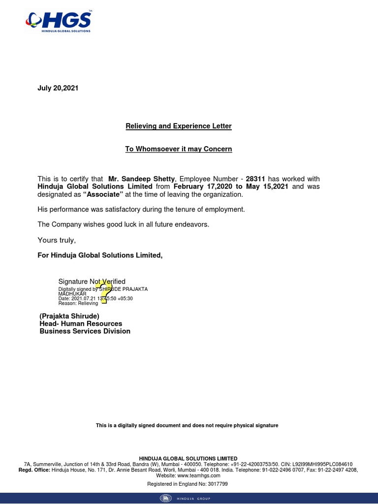 HGS Relieving and Experience Letter | PDF | Business