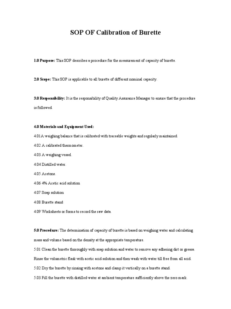 SOP of Calibration of Burette | PDF | Calibration | Volume