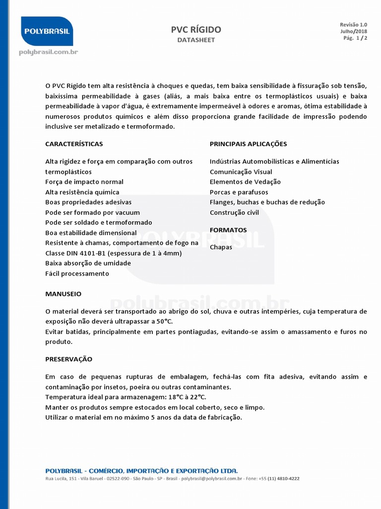 Datasheet PVC Rígido: Características e Aplicações | PDF | Química ...