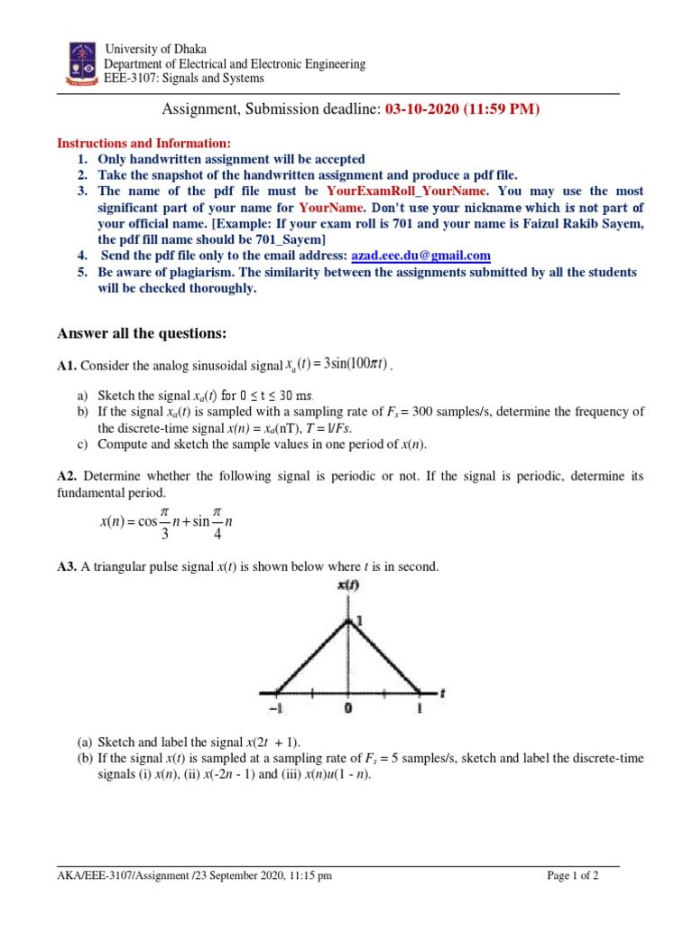 EEE-3107 Signals and Systems Assignment | PDF | Spectral Density | Applied Mathematics