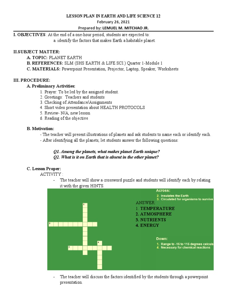 Lesson Plan in Earth and Life Science 12 | PDF | Earth | Atmosphere