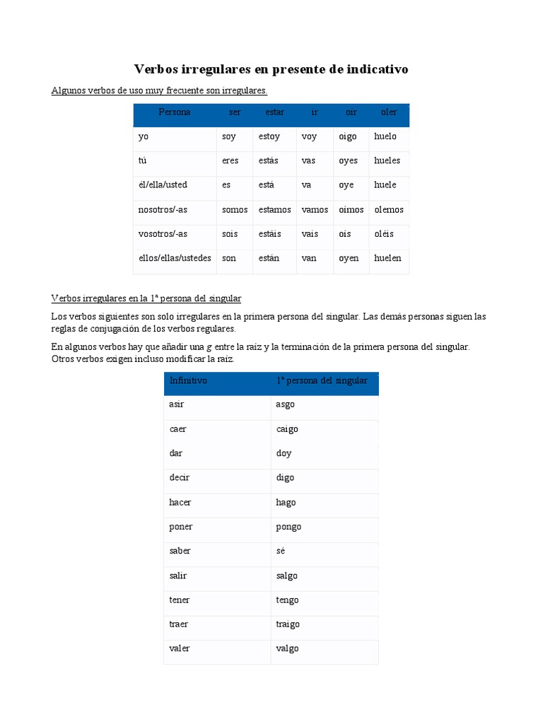 Verbos Irregulares en Presente Indicativo | PDF | Verbo | Relaciones ...