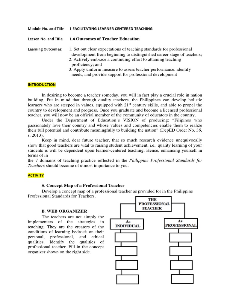 Outcomes of Teacher Education: Module No. and Title Lesson No. and ...