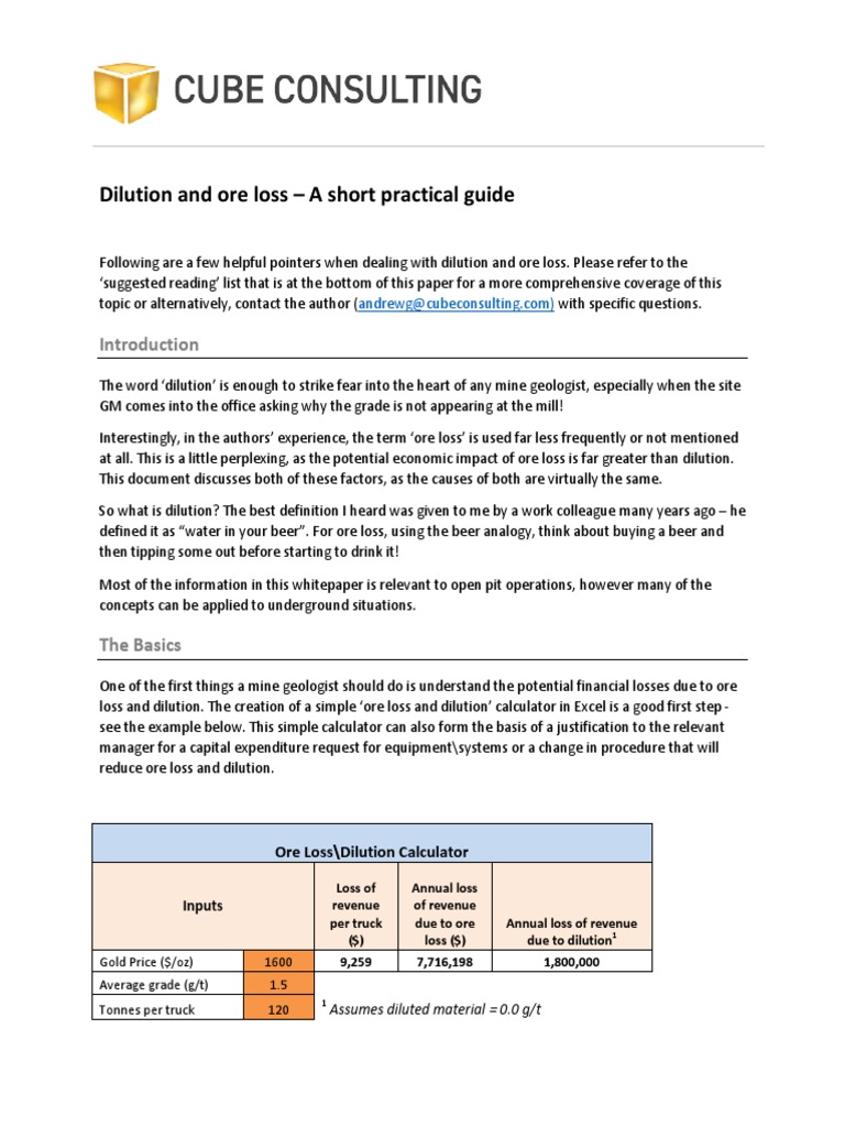 Dilution and Ore Loss - A Short Practical Guide | PDF | Mining | Geology