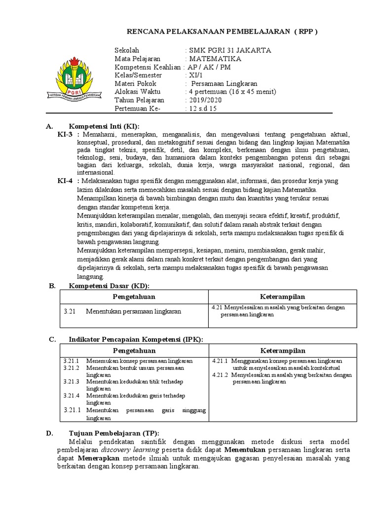 RPP 4 Persamaan Lingkaran | PDF