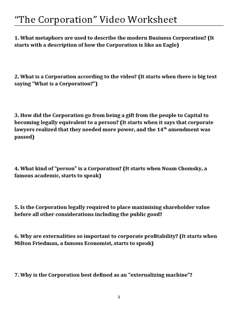 "The Corporation" Video Worksheet | PDF | Corporations | Economies