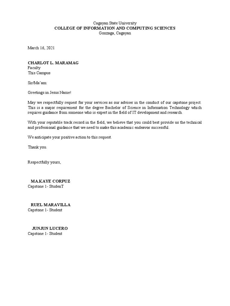 Letter To Capstone Project Adviser | PDF