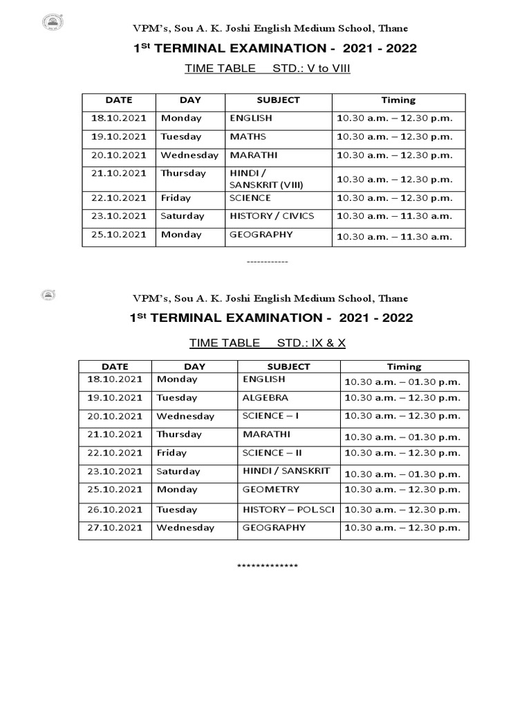 Terminal Exam Time Table | PDF