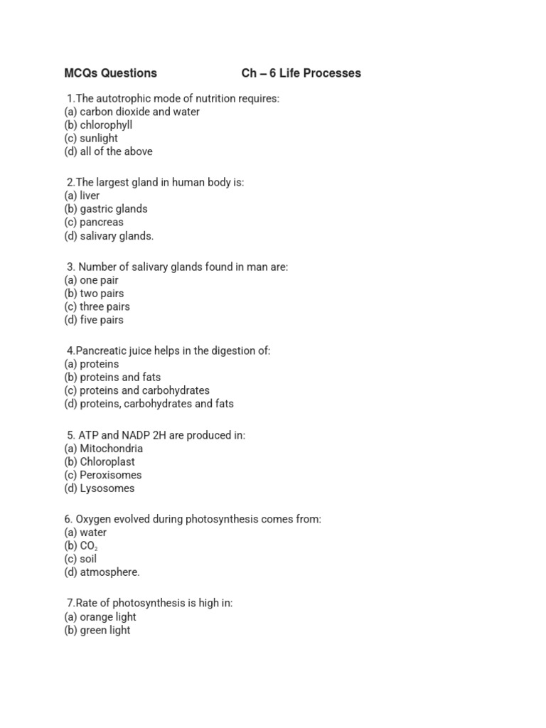 Life Processes MCQ Practice Test: Respiration, Photosynthesis ...