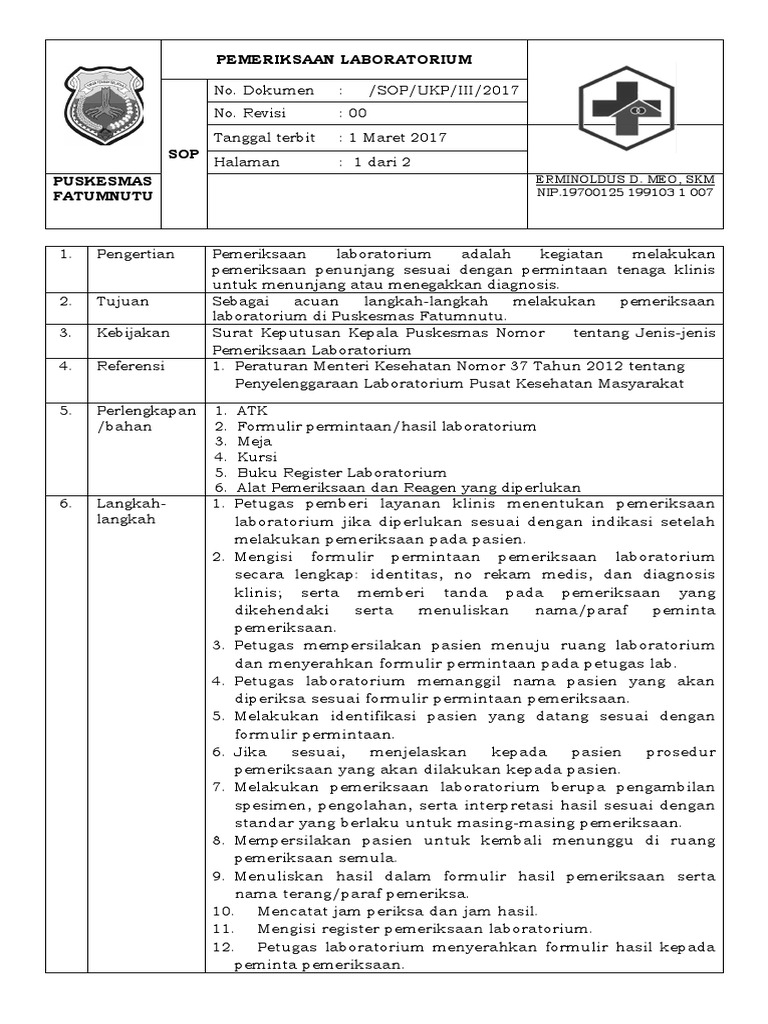 8.1.1.1 Sop Pemeriksaan Laboratorium | PDF