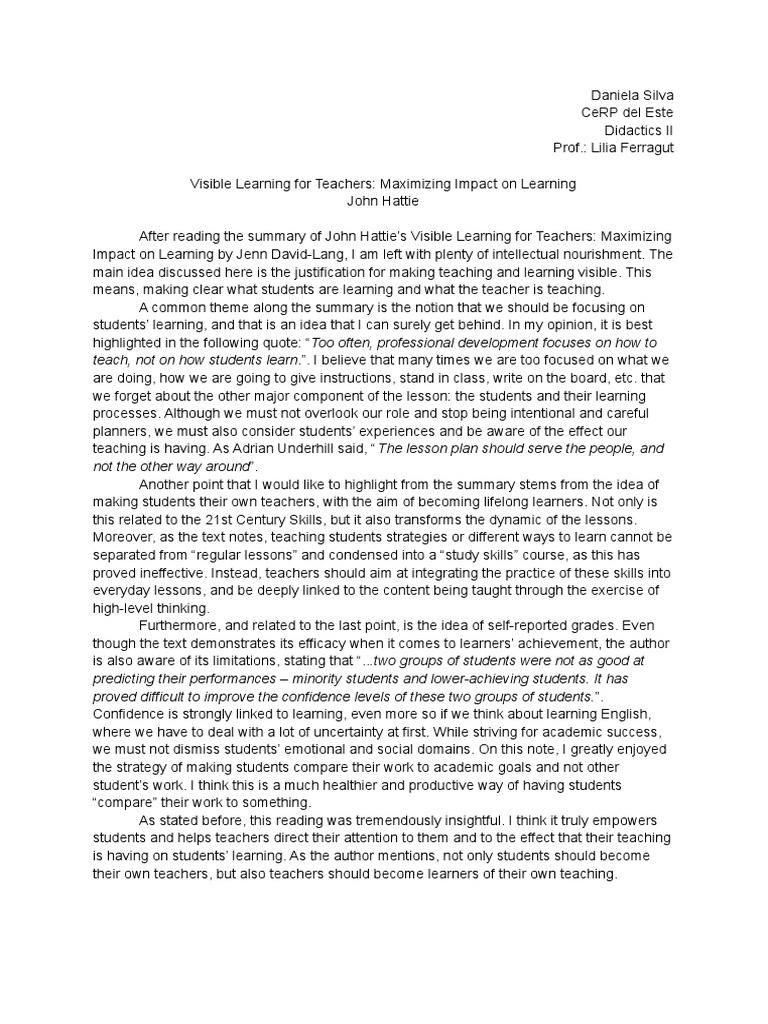 Visible Learning by John Hattie, Didactics, Daniela Silva | PDF ...