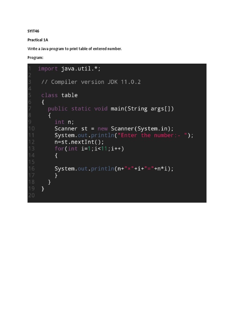 Write A Java Program To Print Table of Entered Number. Program | PDF ...