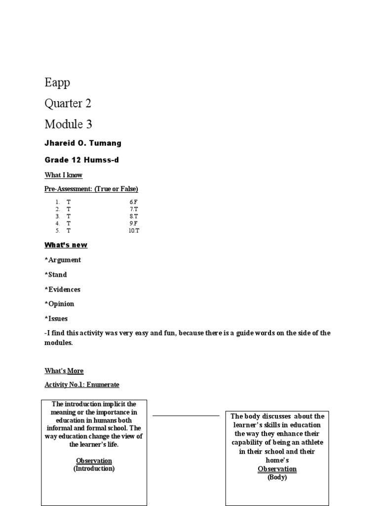 Eapp Quarter 2: Jhareid O. Tumang Grade 12 Humss-D | PDF | Distance ...