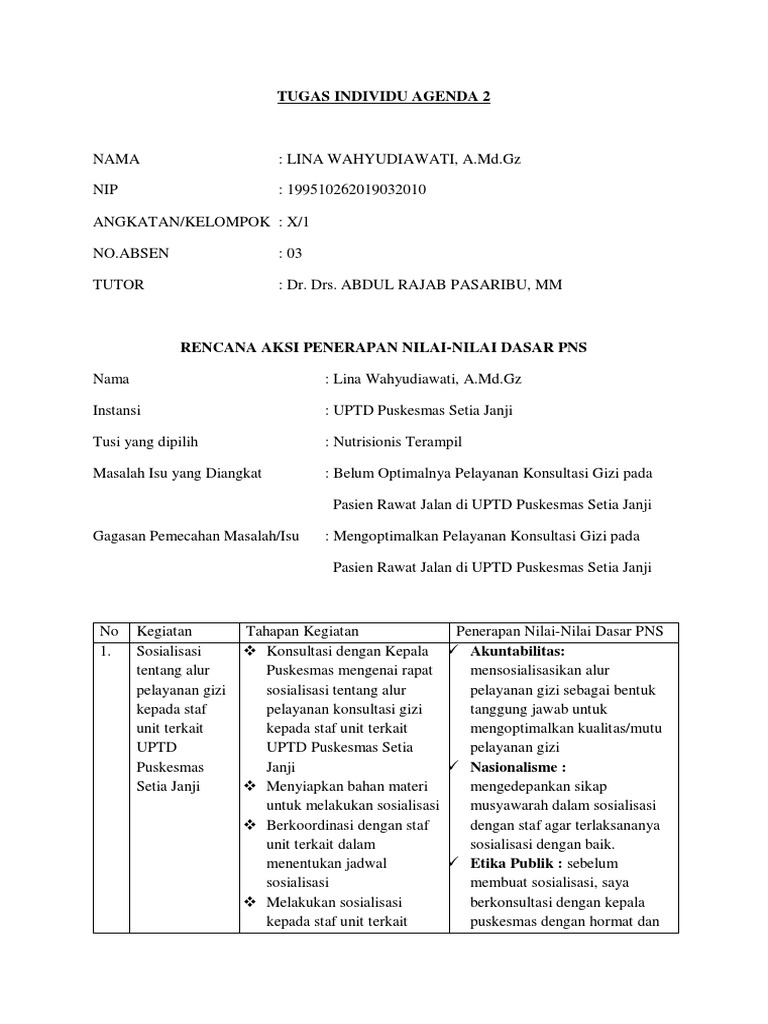 Tugas Rencana Aksi Penerapan Nilai Dasar PNS | PDF