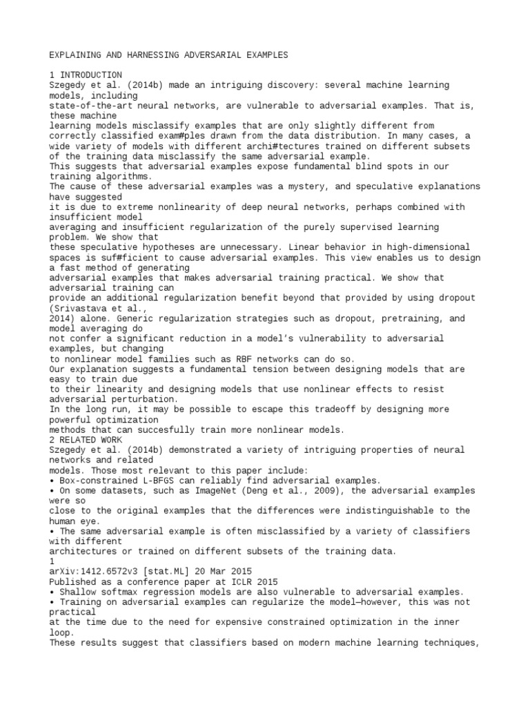 Explaining and Harnessing Adversarial Examples | PDF | Statistical Classification | Machine Learning