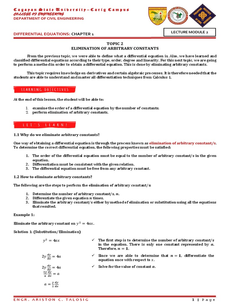 Topic 2 Elimination of Arbitrary Constants: Differential Equations ... Topic 2 Elimination of Arbitrary Constants: Differential Equations ...