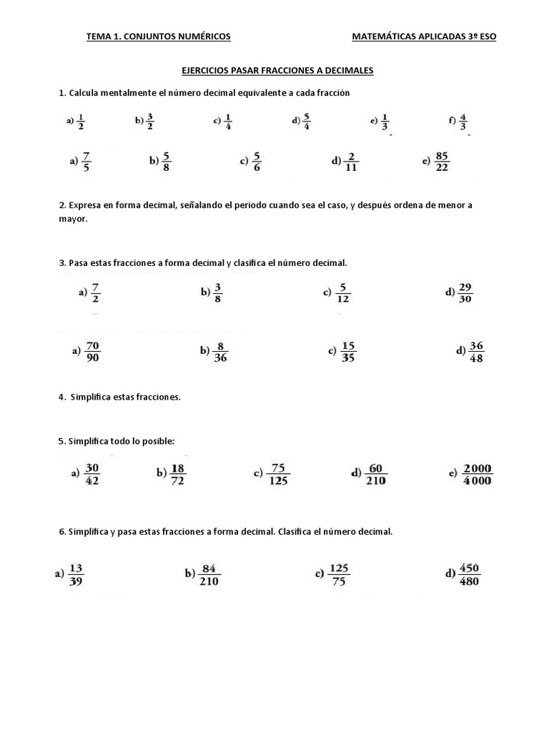 Hojas De Trabajo Para Convertir Fracciones