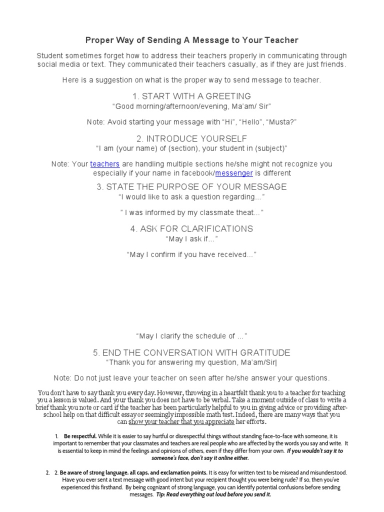 Proper Way of Sending A Message To Your Teacher | PDF | Question ...