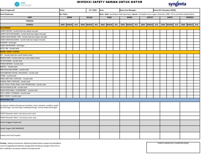 Form Inspeksi Safety Harian Untuk Motor | PDF