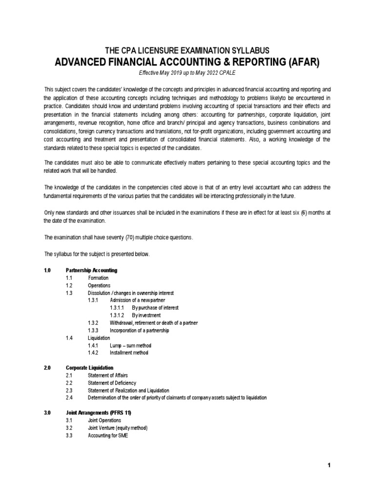 Advanced Financial Accounting & Reporting (Afar) : The Cpa Licensure ...