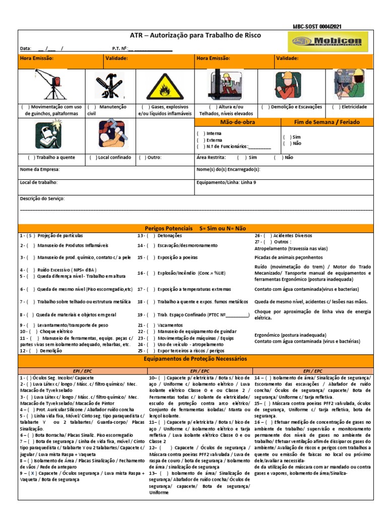 Modelo de ATR - AUTORIZAÇÃO TRABALHO DE RISCO SOST 0004 | PDF ...