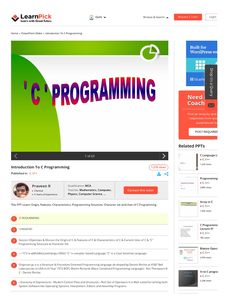 Introduction To C Programming Powerpoint Slides Pdf C Programming Language Computing