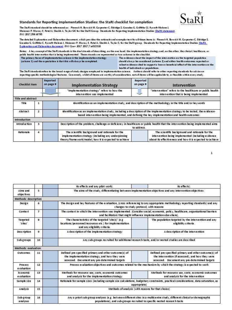 StaRI Checklist for Implementation Studies | PDF | Evaluation | Health Care