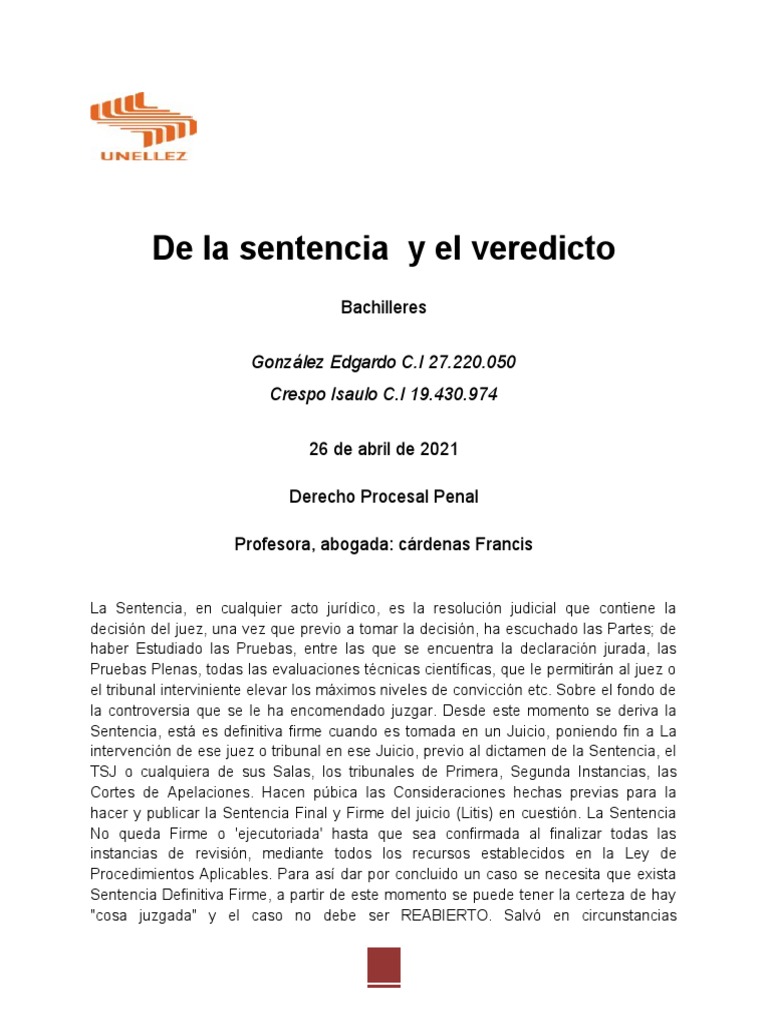 De La Sentencia y El Veredicto | PDF | Sentencia (ley) | Procedimiento legal