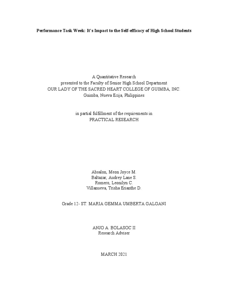 Performance Task Week: It's Impact To The Self-Efficacy of High School Students | PDF | Self ...