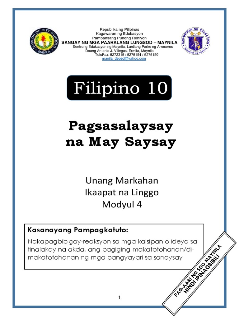 FILIPINO 10 - Q1 - Mod4 | PDF
