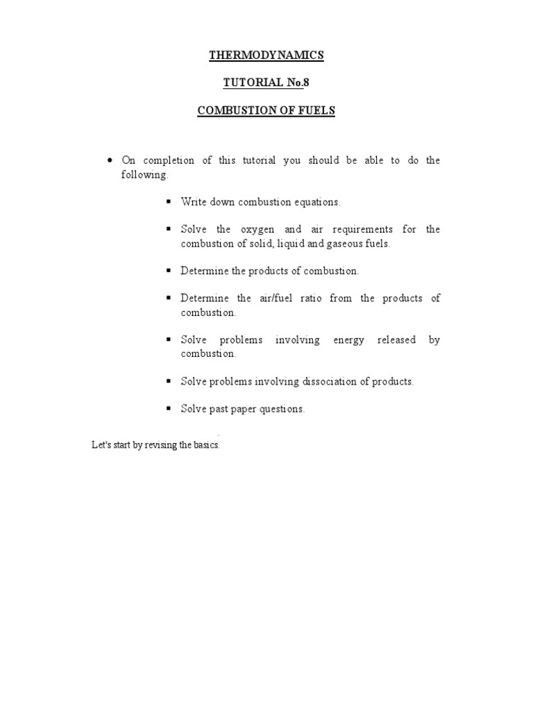 Thermodynamics Tutorial No.8 Combustion of Fuels: - Let's Start by Revising The Basics | PDF ...