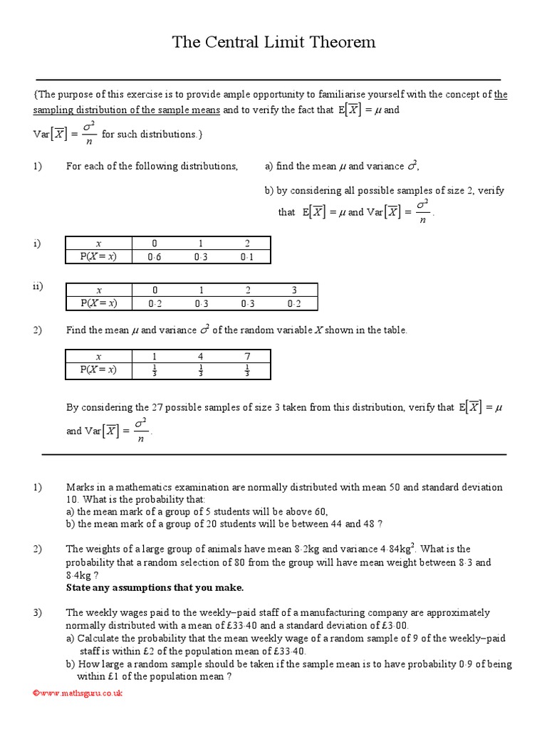 Central Limit Theorem | PDF | Mean | Variance