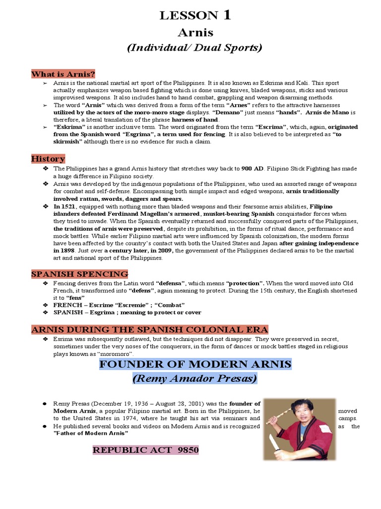 Lesson Arnis: (Individual/ Dual Sports) | PDF | Philippines | Combat