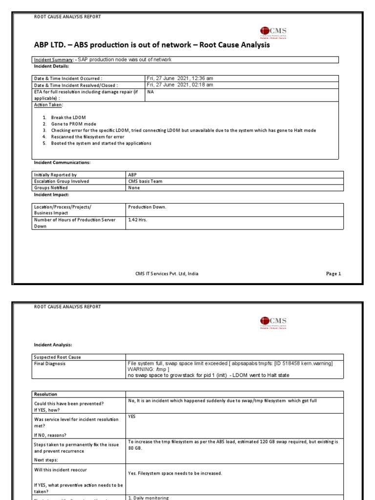Root Cause Analysis of ABP LTD ABS Production Outage Due to File System ...