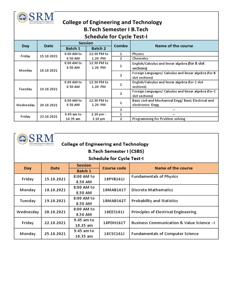 College of Engineering and Technology B.Tech Semester I B.Tech Schedule ...