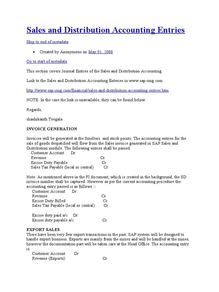 Sales and Distribution Accounting Entries | PDF | Invoice | Receipt