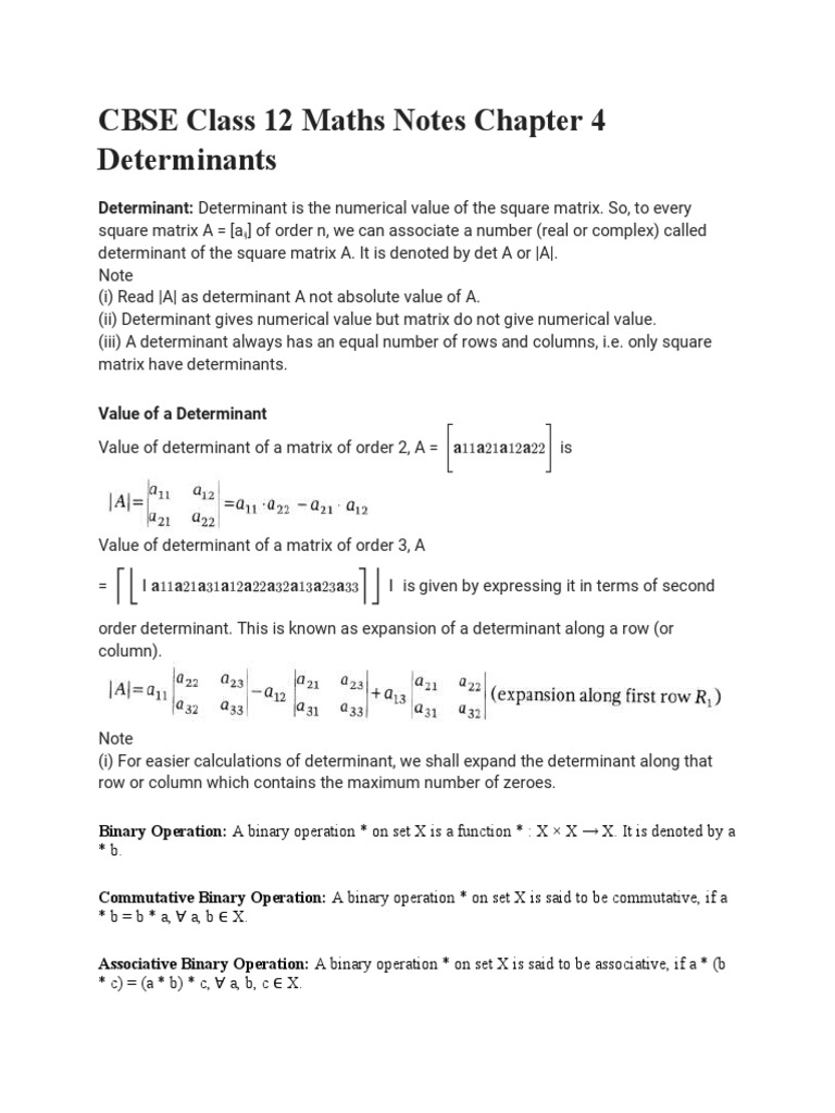 CBSE Class 12 Maths Notes Chapter 4 Determinants: (A A A A) | PDF