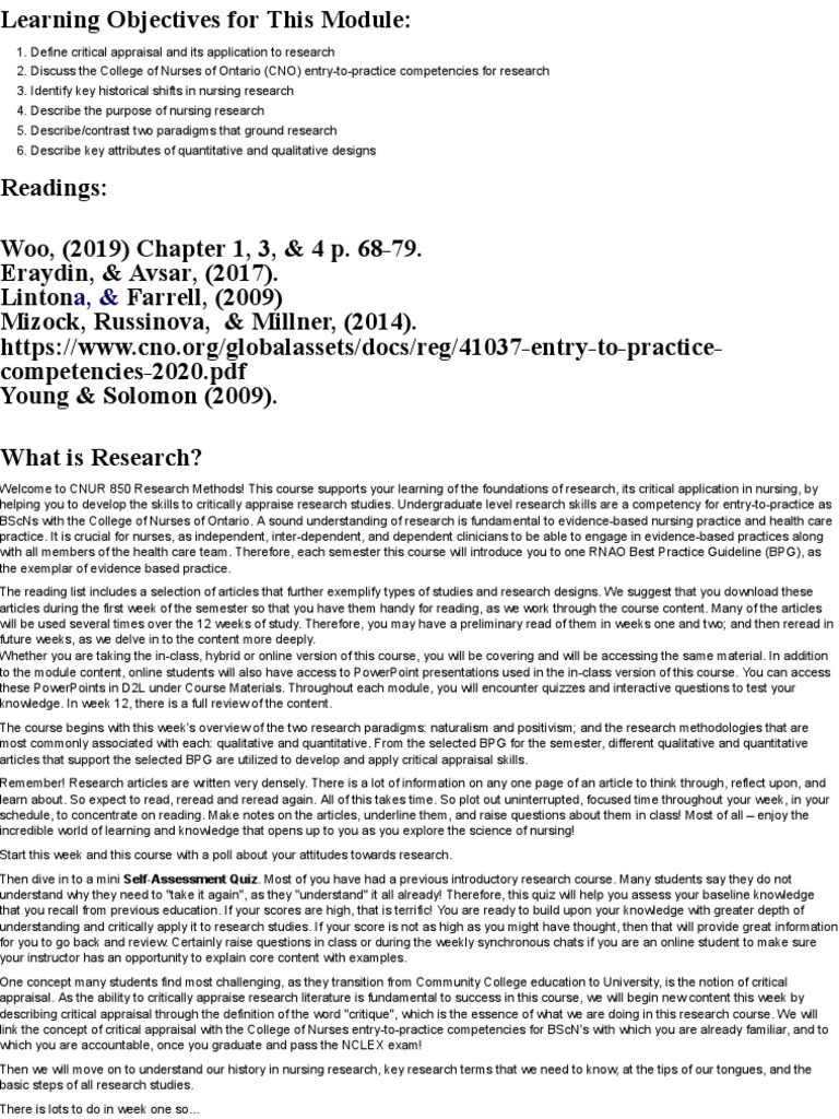 CNUR850, Module 1 - Learning Objectives | PDF | Positivism | Quantitative Research