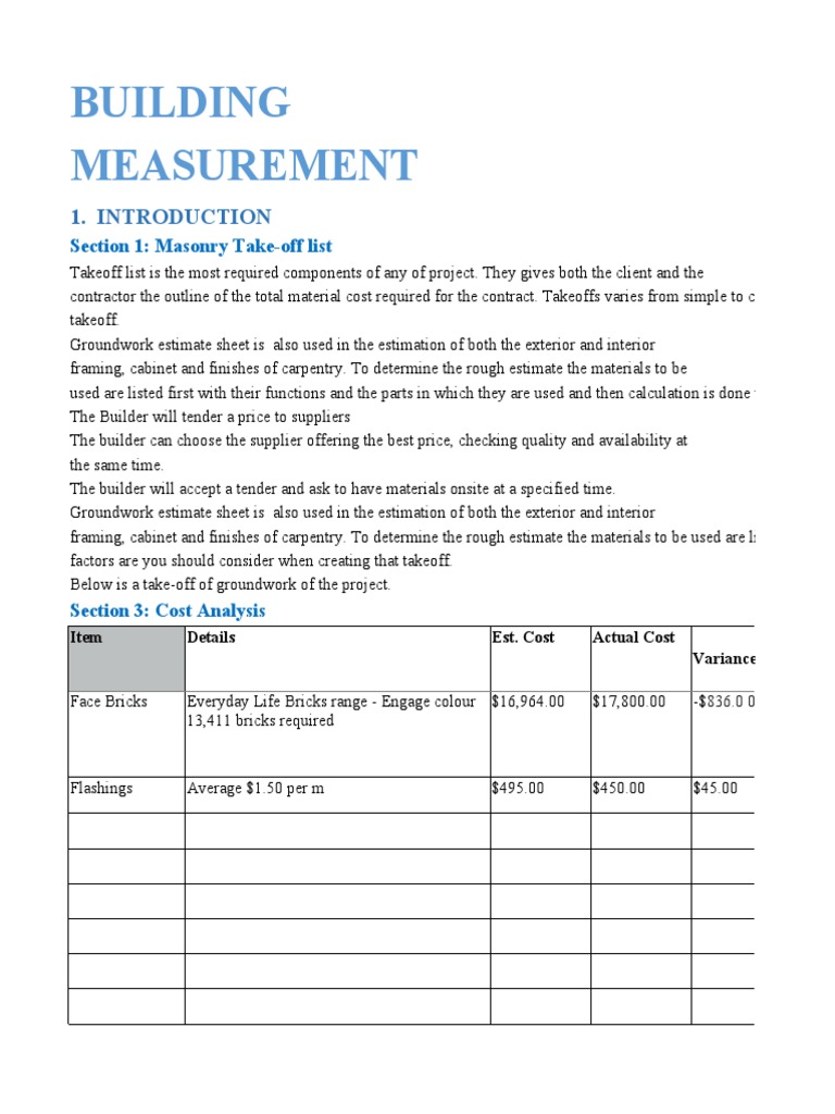 Building Measurement: Section 1: Masonry Take-Off List | PDF | Framing ...