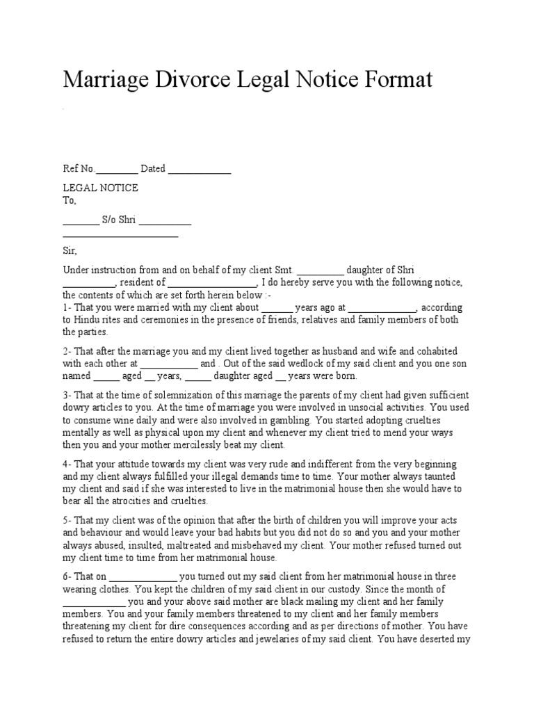 Marriage Divorce Legal Notice Format | PDF | Marriage | Divorce