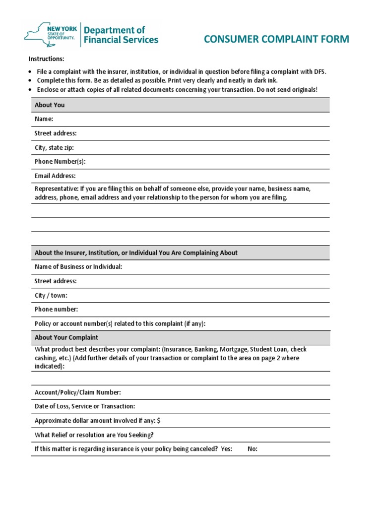 Consumer Complaint Form: Instructions | PDF | Complaint | Insurance