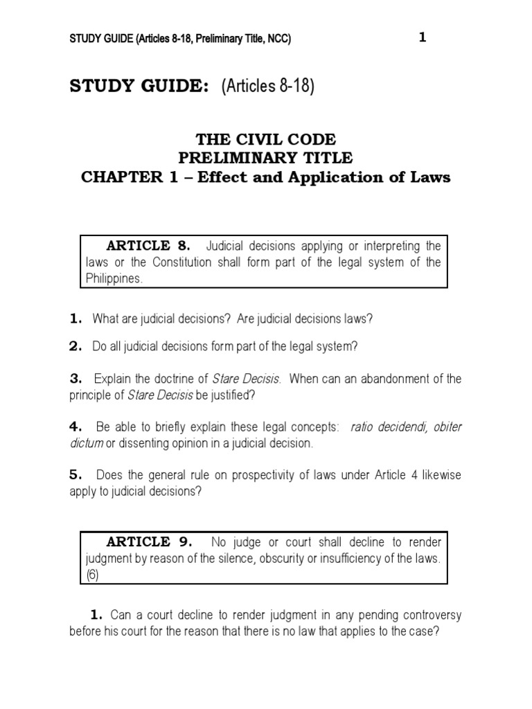 STUDY GUIDE: (Articles 8-18) : The Civil Code Preliminary Title CHAPTER ...